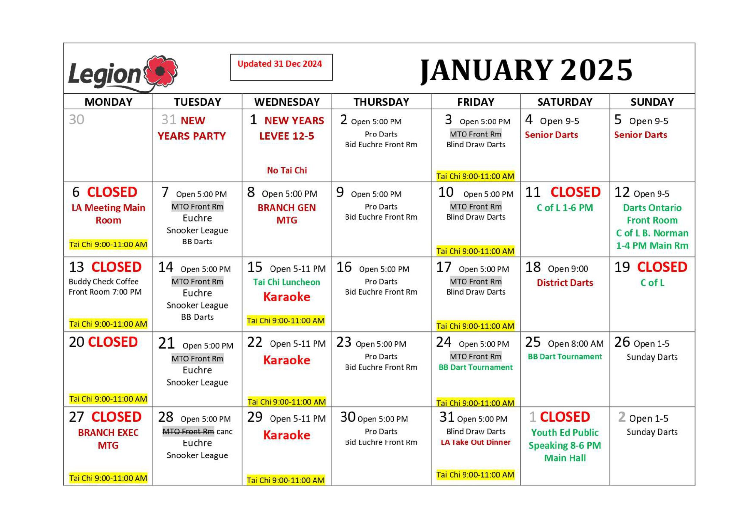 Monthly Calendar – Royal Canadian Legion Branch 15